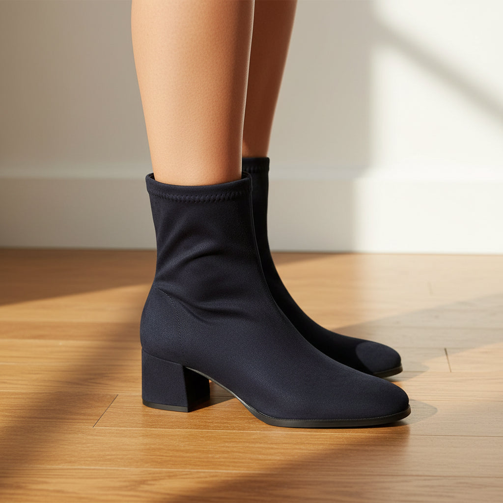 MISS ELASTIC Navy Faux Suede Stretch Ankle Boot – Fabucci Shoes