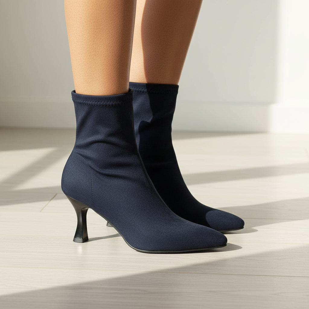 MISS ELASTIC Navy Faux Suede Stretch Point Toe Ankle Boot – Fabucci Shoes