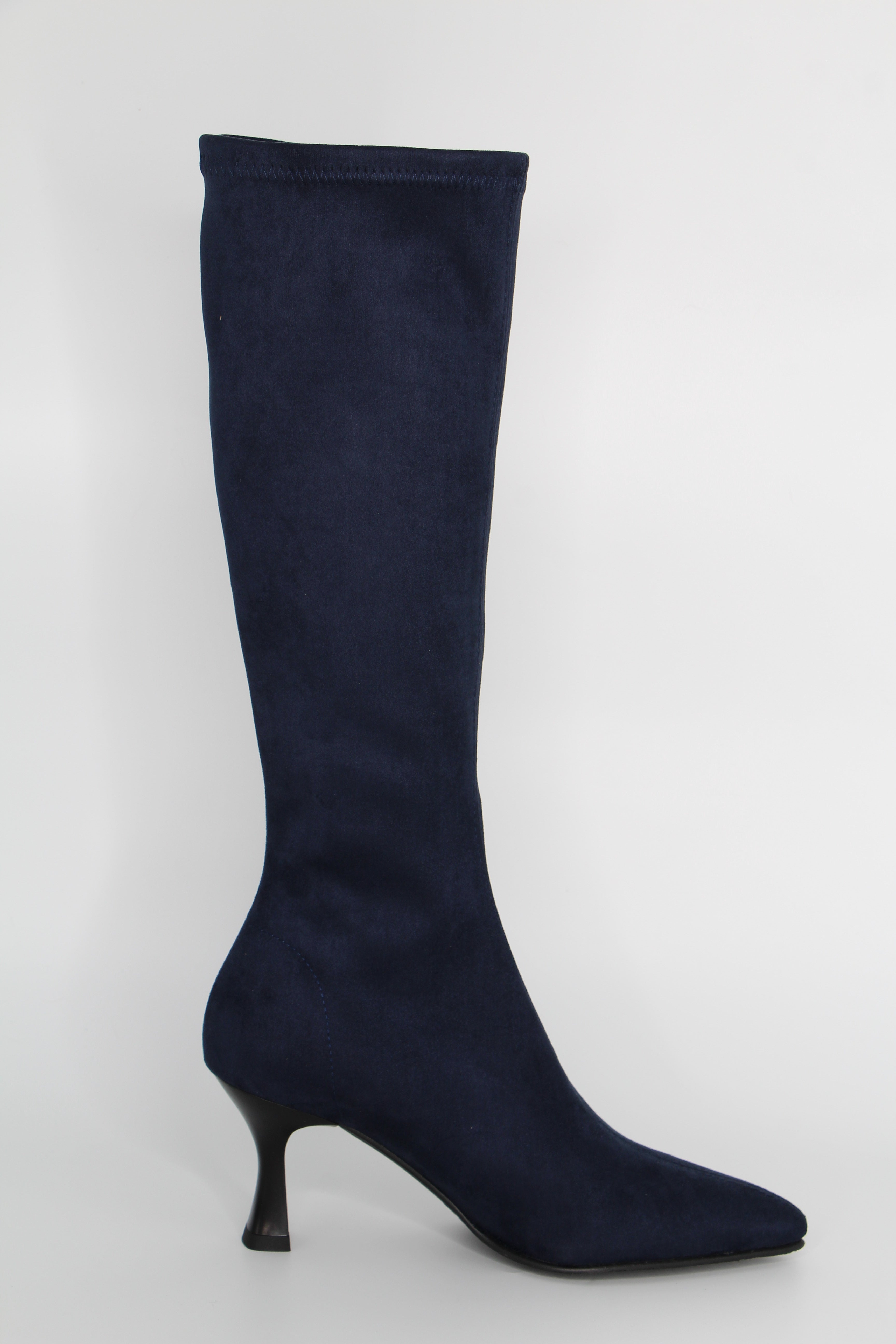 MISS ELASTIC Navy Faux Suede Stretch Point Toe Knee Boot – Fabucci Shoes